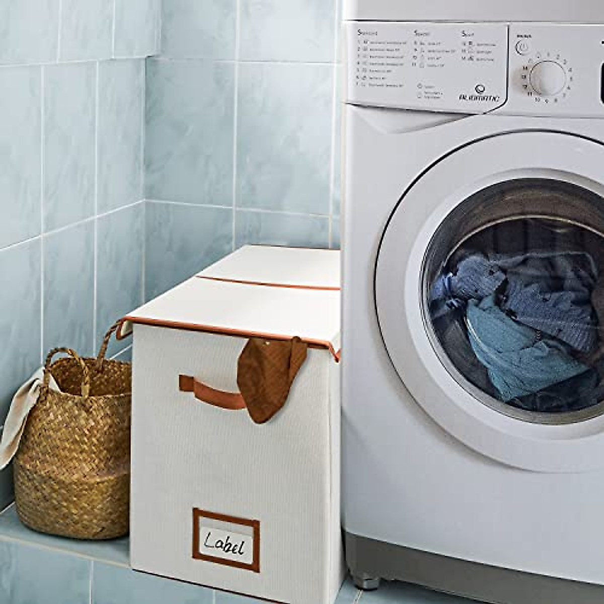 LoforHoney Home Large Storage Bin with Lid for Clothes, Foldable Laundry Basket with Durable Handles, Double Laundry Hamper with Divider, Fabric Storage Bin with Lid for Organizing, Beige