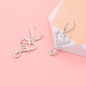 S925 Sterling Silver Word Calligraphy Jewelry Faith Inspirational Message Charm Love Heart Dangle Drop Hoop Earring for Women