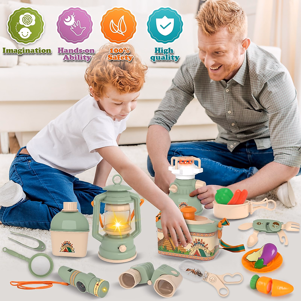 CIUGEO 48 PCS Kids Camping Set with Tent, Pop Up Tent with Camping Gear for Kids Play Tent Indoor Outdoor Pretend Play Set for Toddler Boys Girls Age 3-6