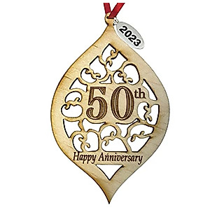 50th Anniversary Ornament 2023 - Happy Anniversary Ornament, Beautiful Laser Cut Wood Detail - Comes in a Gift Box so It's Ready for Giving (50th Anniversary 2023)