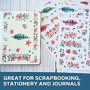 Transparent Monthly Planner Stickers - 12 Clear Sticker Sheets with Beautiful Watercolor Stickers & Undated Calendar Sticker Months - Planner, Scrapbooking and Journaling Supplies (Floral)