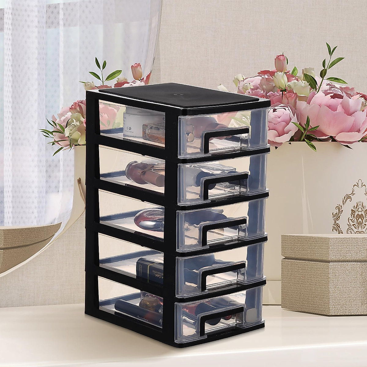 SAFIGLE 5 Drawer Storage Organizer Mini Plastic Drawers Organizer Plastic Storage Bins with Drawers Space Saving Small Plastic Drawers for Crafts Small Tools Sationary and Hardware