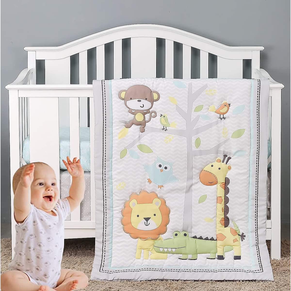 Brandream Baby Crib Bedding Set Safari Animal Nursery Bedding 3 Piece Comforter Set with Elephant Monkey Giraffe Print