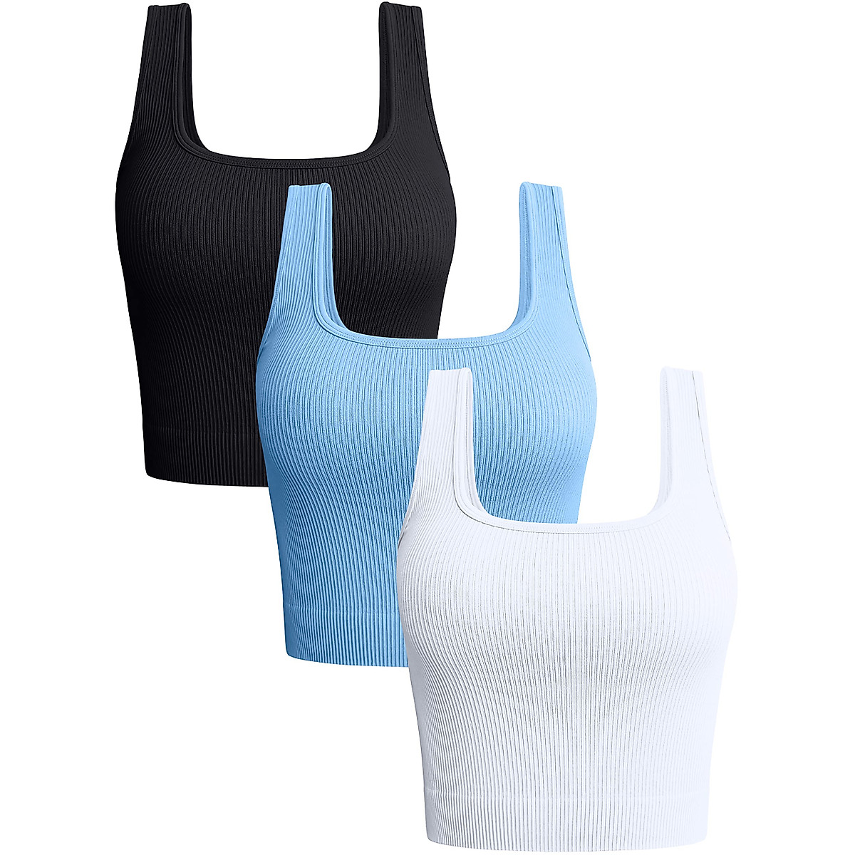 OQQ Women's 3 Piece Tank Tops Ribbed Seamless Workout Exercise Shirts Yoga Crop Tops Black Candyblue White