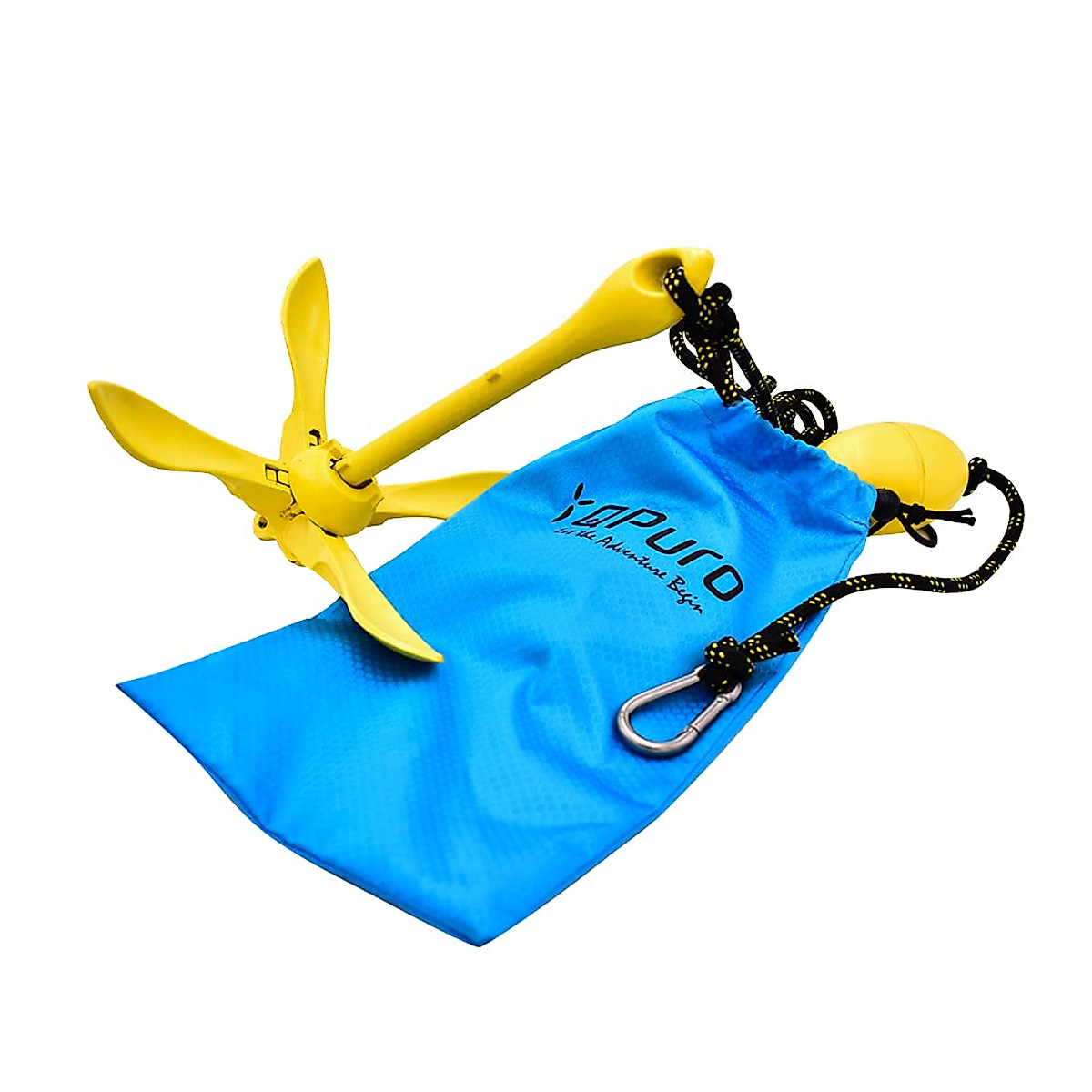 QPURO Kayak Anchor Kit - 3.5 lb Grapnel Anchor, Marine Anchor, Folding Anchor - Ideal for Kayak Fishing, Paddle Boards (SUP), PWC, Jet Ski's, Small Boats (Yellow)
