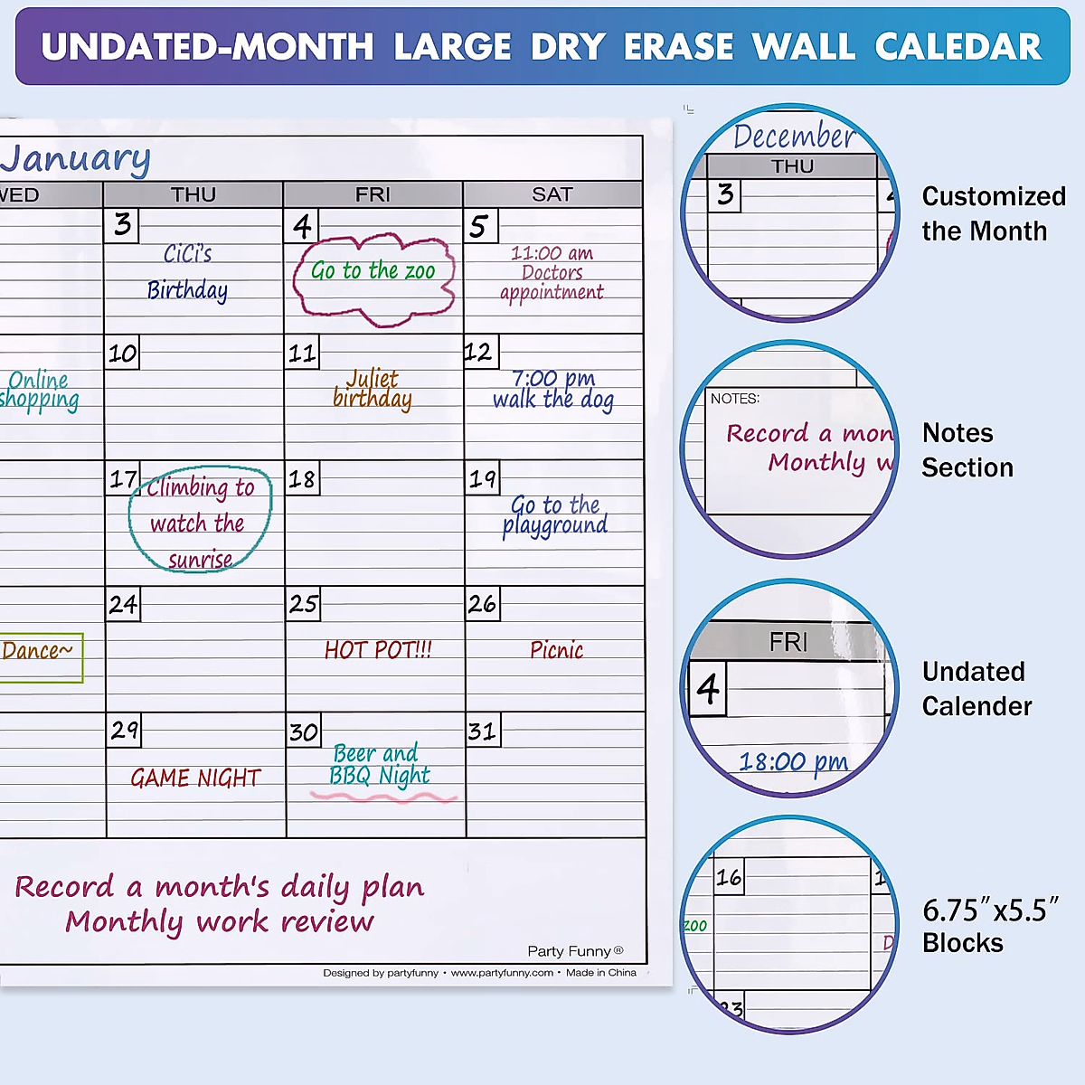 Dry Erase Monthly Extra Large White board Calendar for Wall, 38" by 50", Jumbo Laminated Erasable One Month Whiteboard Calendar, Huge Oversized Blank 30-Day Poster with Lines and Squares