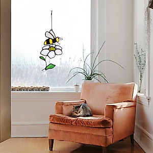 HAOSUM Bee Suncatcher Flower Stained Glass Window Hangings, Bee Decor Party Birthday Bee Gifts for Women,Bee Lovers, Housewarming Gifts.