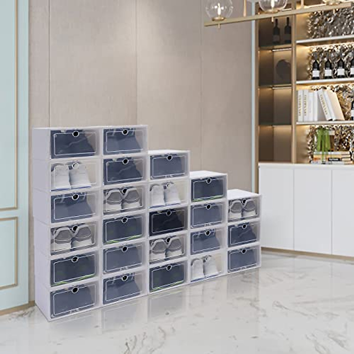 20/24 Pcs Foldable Shoe Box, Plastic Shoe Organizer Box Stackable Drop Front Shoe Box Clear Shoes Storage Boxes for Shoe Organization (24 PCS)