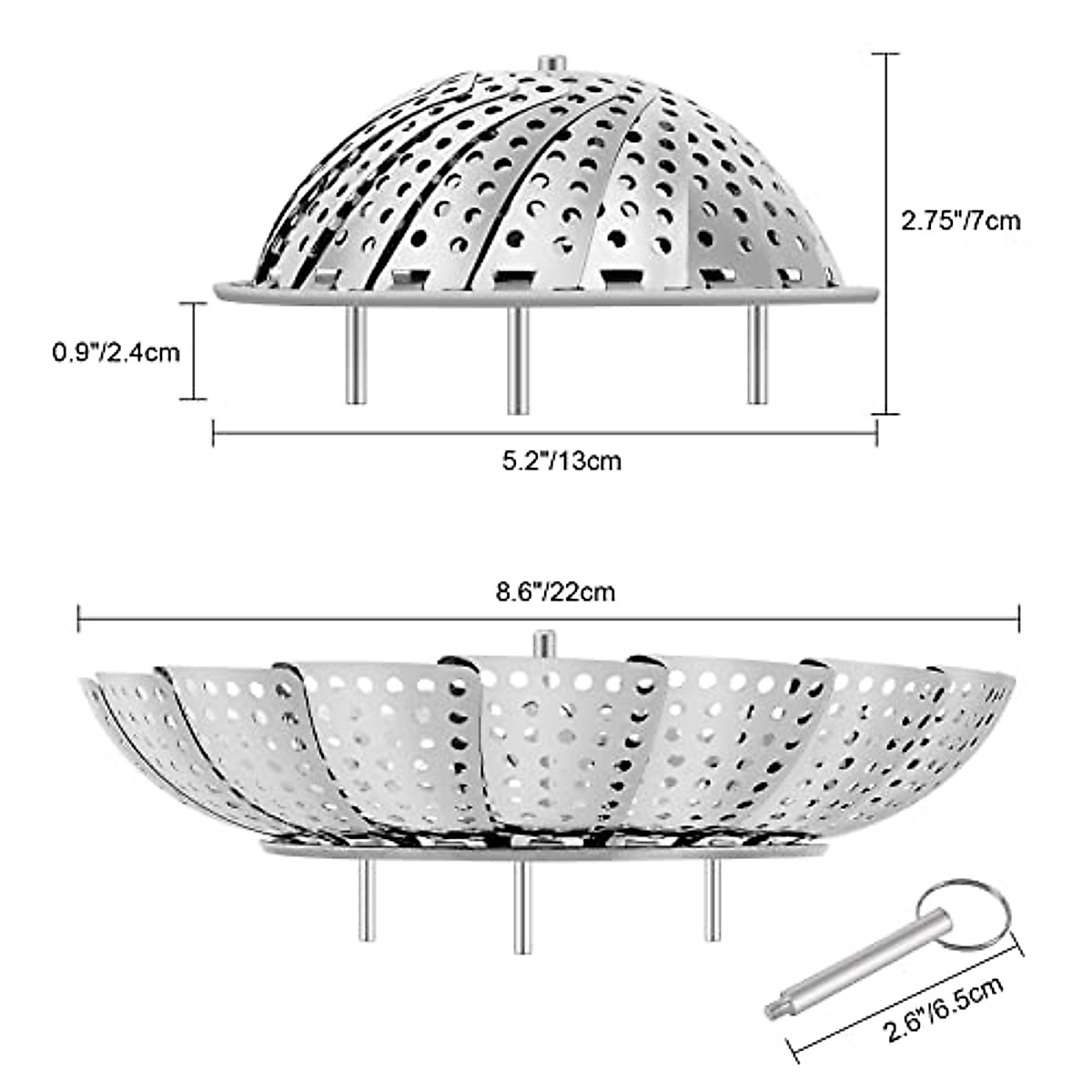 Elyum Vegetable Steamer Basket Stainless Steel Vegetable Steamer for Cooking Foldable Expandable Steamer Basket Insert with Removable Center Handle Adjustable Sizes to Fit Various Pots (5.2" to 8.6")