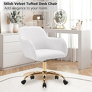 Modern Teddy Home Office Chair, Upholstered Cute Desk Chair with Gold Metal Legs, Adjustable Swivel Task Chair with Wheels, Vanity Chair for Girls Women Small Space Bedroom Study Makeup, White