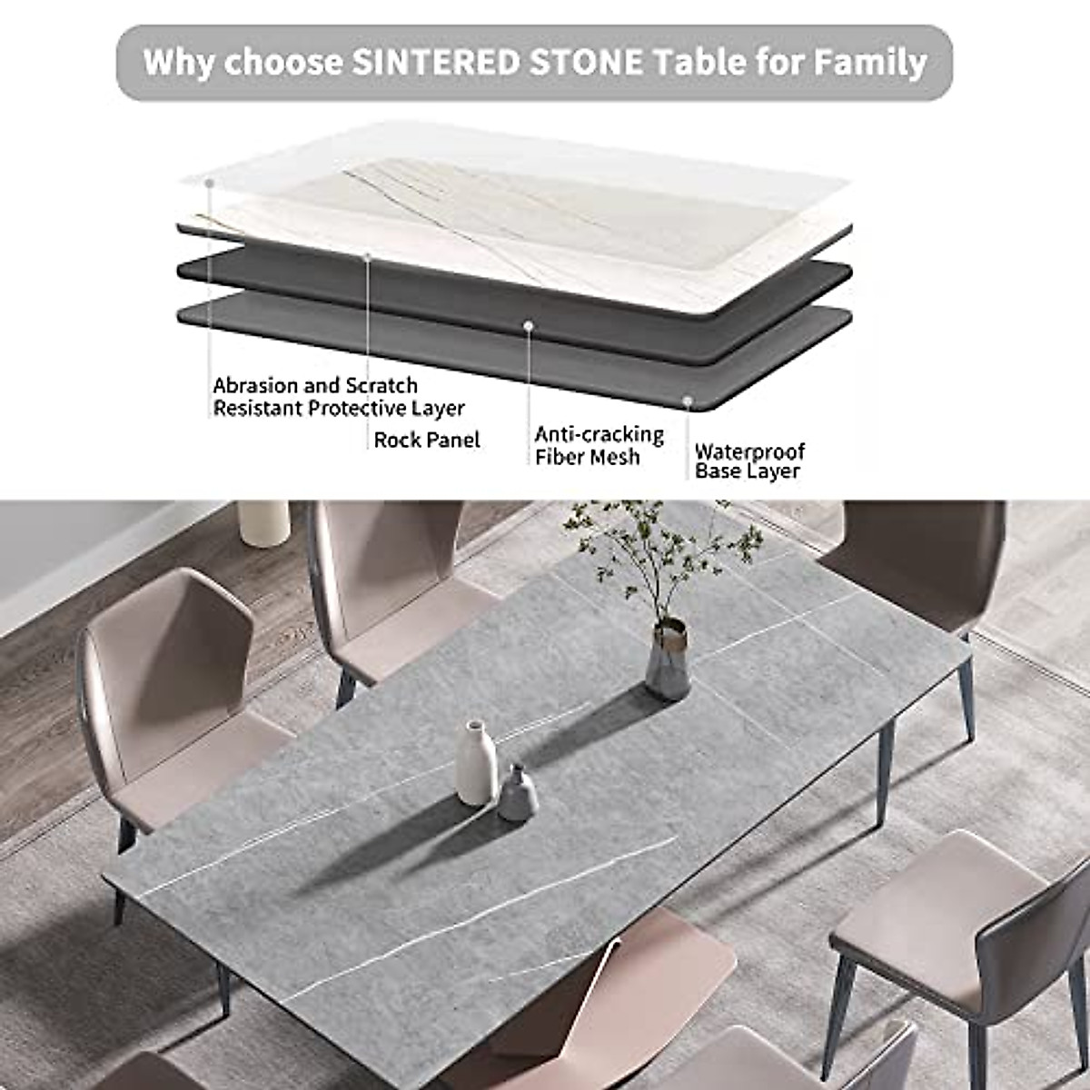 Voohek Kitchen, 70.87 Inches Marble Straight Metal Leg Large Dining Table Can Accommodate 6 to 8 People, Gray#D