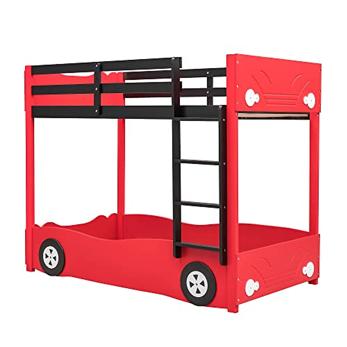 OYN Twin Over Twin Car-Shaped Bunk Bed Frame with Wheels for Children Teens Boys and Girls, Red