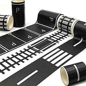 Play Road Tape for Toy Cars Trains 6-Pack Black Car Track Tape, Parking Spot Stick to Floors and Table Flat Surface,No Residue, for Kids Gift (TAPE6)