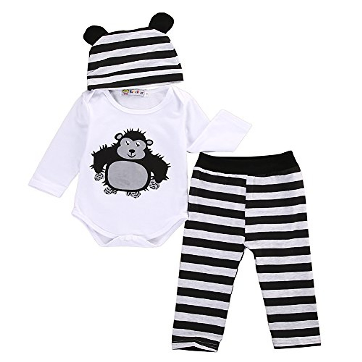3pcs Cute Infant Baby Boys Girls Animal Long Sleeve Romper Tops+ Pants+ Hat Outfits Set (0-6 Months, Gorilla)