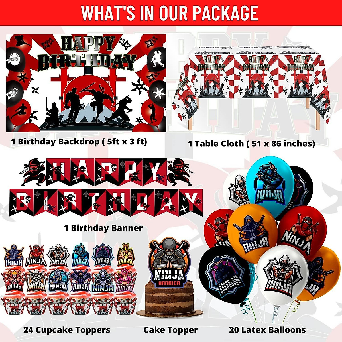 Nelton Ninja Party Supplies Includes Cake Topper, 24 Cupcake Toppers, 20 Latex Balloons, Happy Birthday Backdrop, 1 Table Cloth , 1 Banner