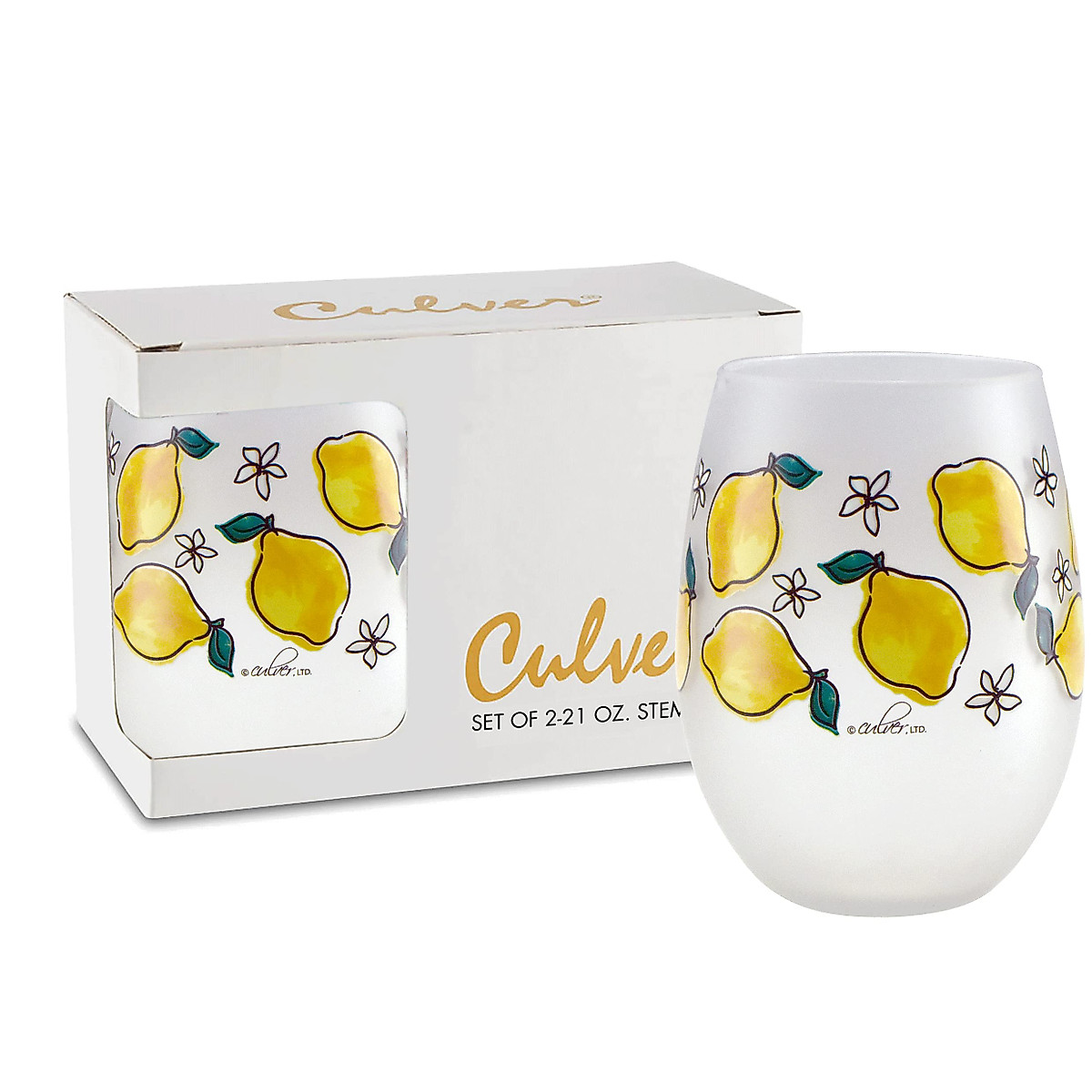 Culver Everyday Decorated Frosted Stemless Wine Glass, 21-Ounce, Gift Boxed Set of 2 (All Over Lemons)