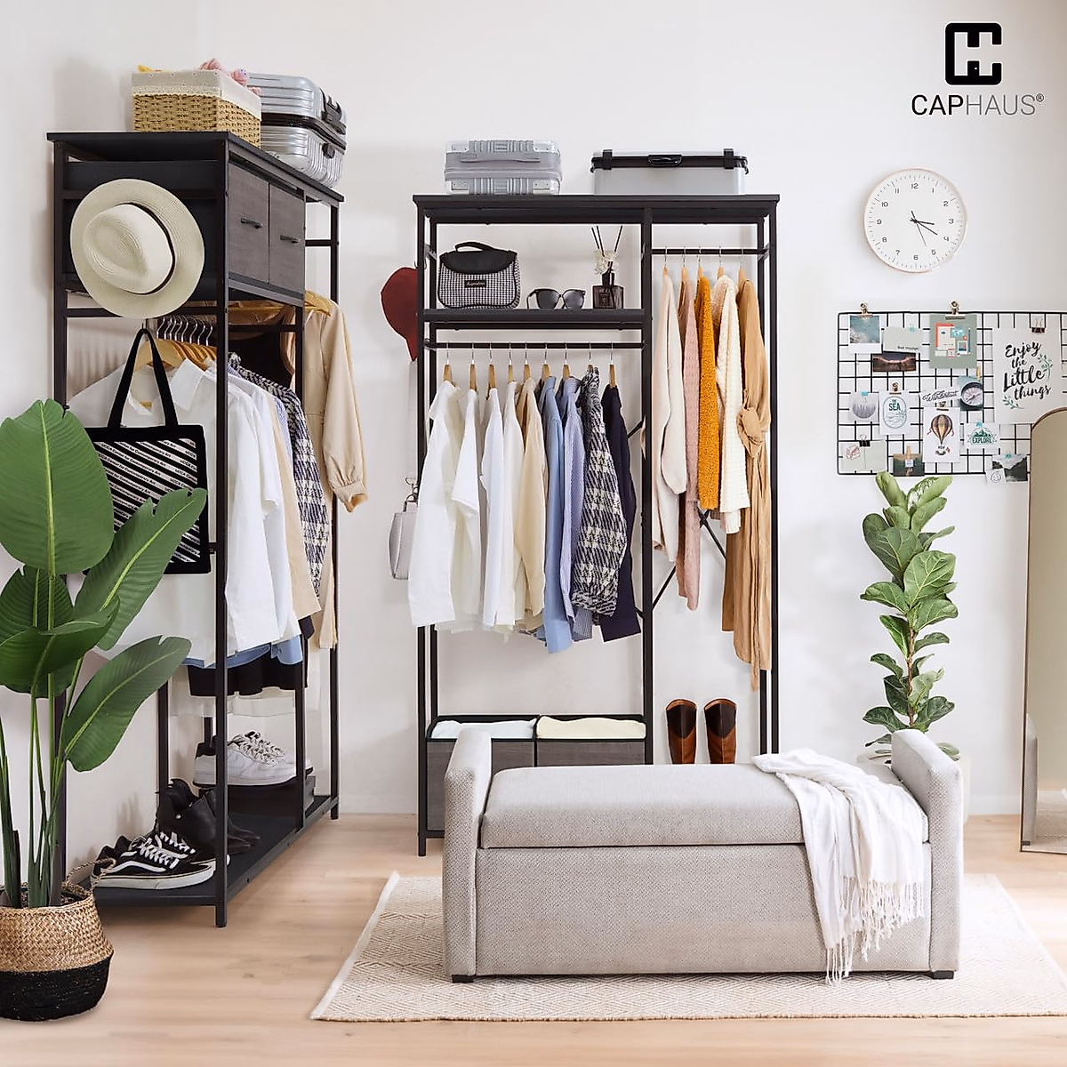 CAPHAUS 550lbs Capacity Garment Rack for Hanging Clothes, Heavy Duty Metal Open Wardrobe w/Hanging Rods & Drawers, Free Standing Closet Organizer, Metal Closet w/Wooden Boards, Black Vintage Board