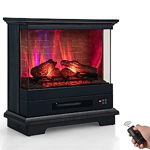 ORALNER 27” Electric Fireplace with Mantel, 3-Sided Glass View, Wooden Surround Firebox, Freestanding Fireplace Heater w/ 7 Flame Colors, Remote & 6H Timer, Overheat Protection, 1400W (Black)