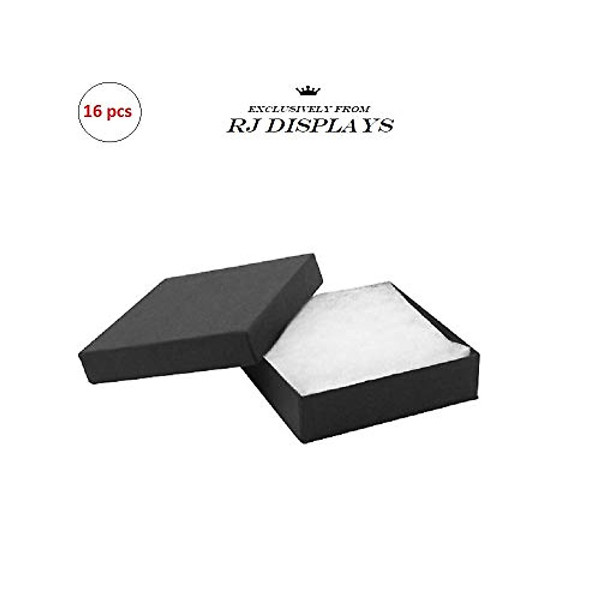 16 Pack Cotton Filled Matte Black Color Jewelry Gift and Retail Boxes 3.5 X 3.5 X 1 Inch Size by R J Displays