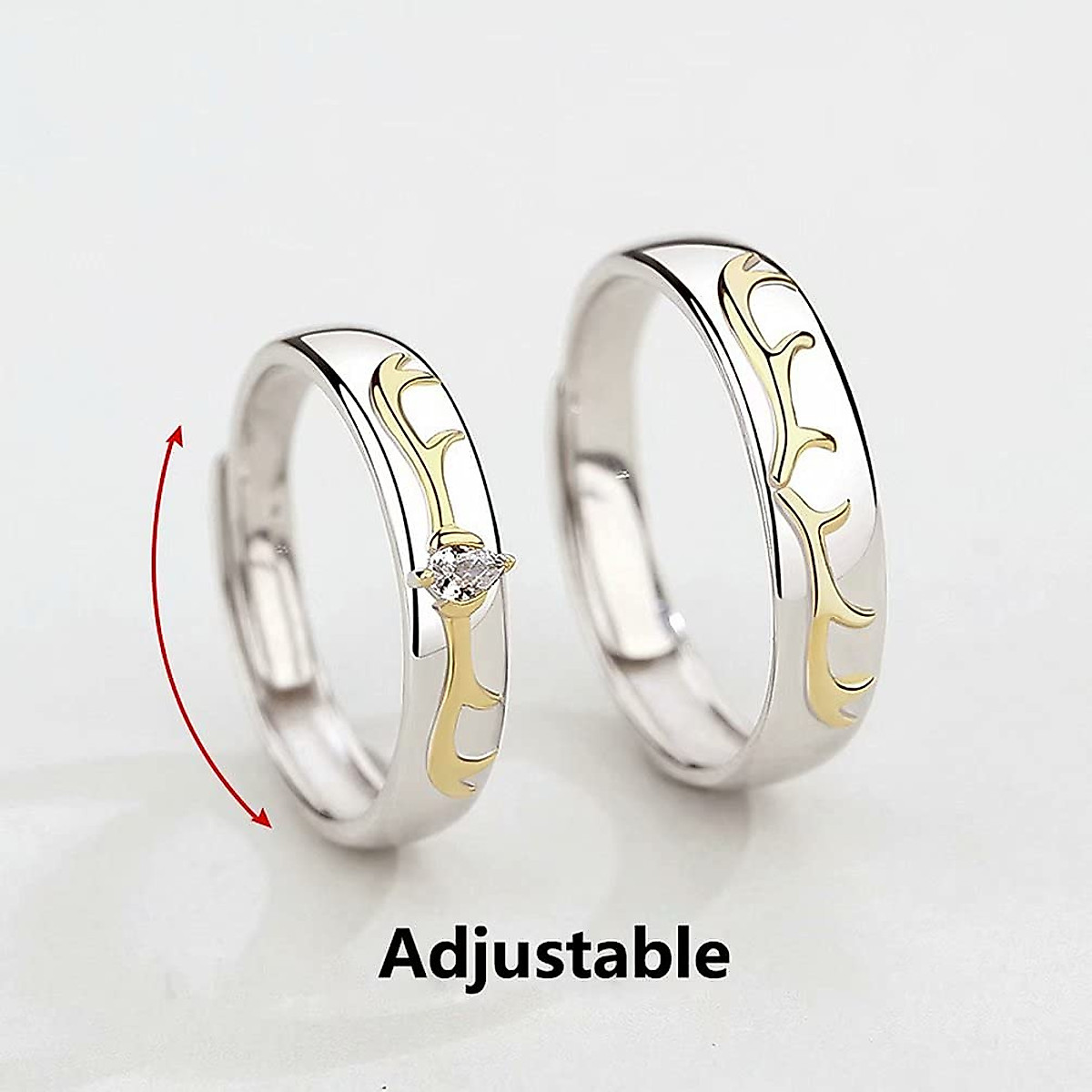 hohrayway S925 Sterling Silver Deer Antlers Ring for Couples Promise Wedding Rings His and Her Matching Rings Set Adjustable Rings Custom Engrave Rings