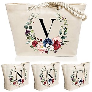 Personalized Floral Initial Cotton Canvas Beach Tote Bag, Customize Monogrammed Totes Gift for Bridesmaid (Initial V)