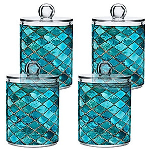 Turquoise Glass Mosaic Qtip Holder Dispenser Teal Geometric Bathroom Canister Storage Organization 2 Pack Clear Plastic Apothecary Jars with Lids Vanity Makeup Organizer For Cotton Ball Swab Floss