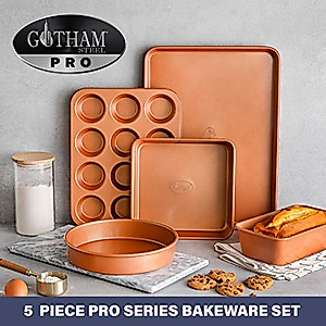 Gotham Steel Non Stick Ceramic Bakeware Set, 5 Piece No Warp & Dishwasher Safe Baking Set, Baking Pans Set with Round & Square Baking Pan, Muffin Pan, Loaf Pan & Baking Sheet for oven, 100% PFOA Free