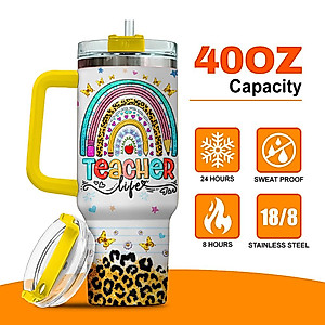 99WHALE Pack Butterfly Teachers Black Handle Funny For Women Coffee Straws Cups Music Pencil Daisy, Teacher Gifts, Tumbler 40 Oz With Handle Lid And Straw, Teacher Rainbow Color Leopard
