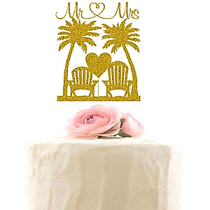 Mr & Mrs Cake Topper Tropical Wedding Cake Decorations Palm Tree Chair Hawaii Beach Wedding Party Supplies Bride & Groom Travel Cake Toppers Gold Glitter