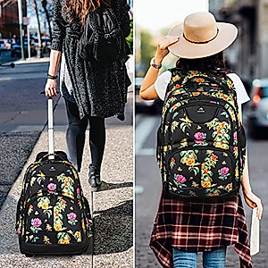 MATEIN Backpack with Wheels, Travel-friendly Rolling Laptop Backpack for Men Women, Freewheel Carry on Luggage Business bag, Compact College Trolley Suitcase Computer Bag fit 17 inch Notebook, Floral