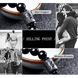 SX Commerce Natural Obsidian Stone Bead Bracelet Couple Men 10mm and Women 8mm Dragon and Phoenix Totem Jewelry (Phoenix)