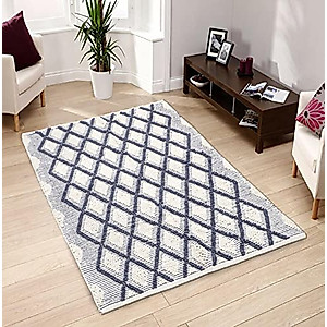 Home Talk Store Wool Area Rug | Handcrafted Traditional Rugs | Non-Skid Carpet | Modern Indoor Shag Rugs for Bedroom, Home Décor, Dining Room | Wool Mats | 4’x 6’ | White & Navy