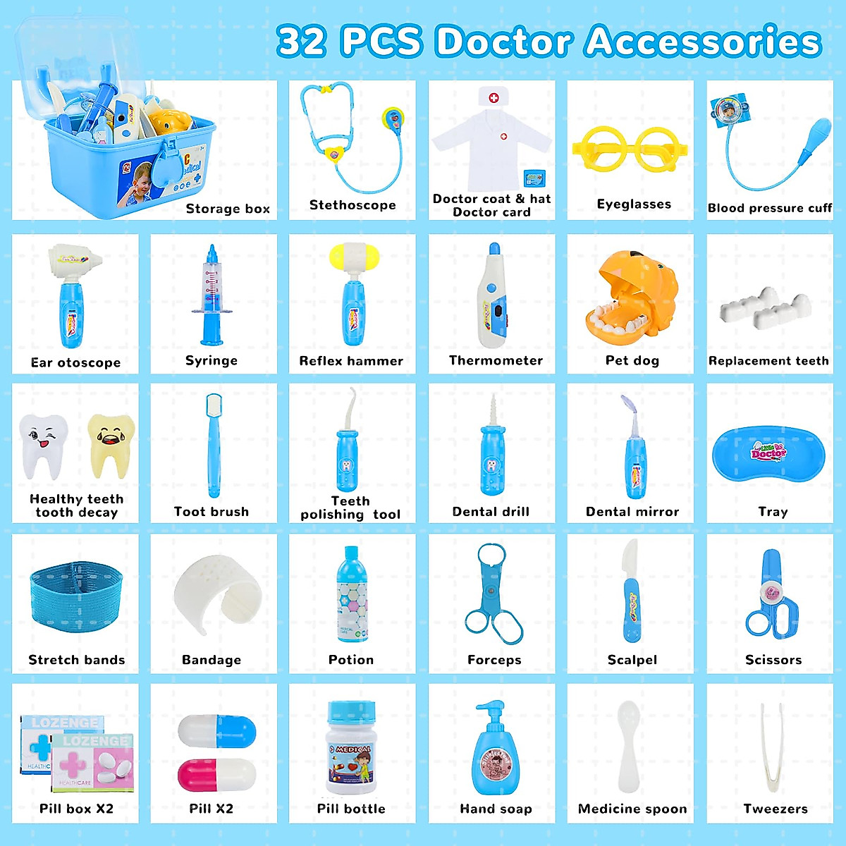 Kids Doctor Kit for Toddlers 3-5 Boys Girls,32 Pcs Toddler Dress Up Pretend Play Dentist Medical Kit Kids Doctor Playset with Stethoscope Costume Gifts Educactional Toys for 3 4 5 Year Old Boys