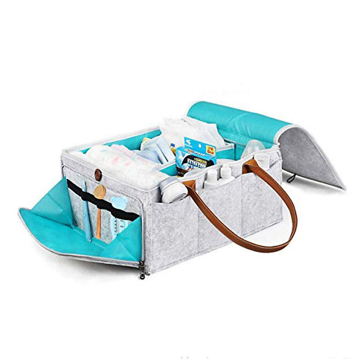 Large Diaper Caddy Organizer Baby Nursery Storage Basket with Zipper Lid and Leather Handle Baby Wipes Stacker Bin Holder - 38 x 25 x 18 cm