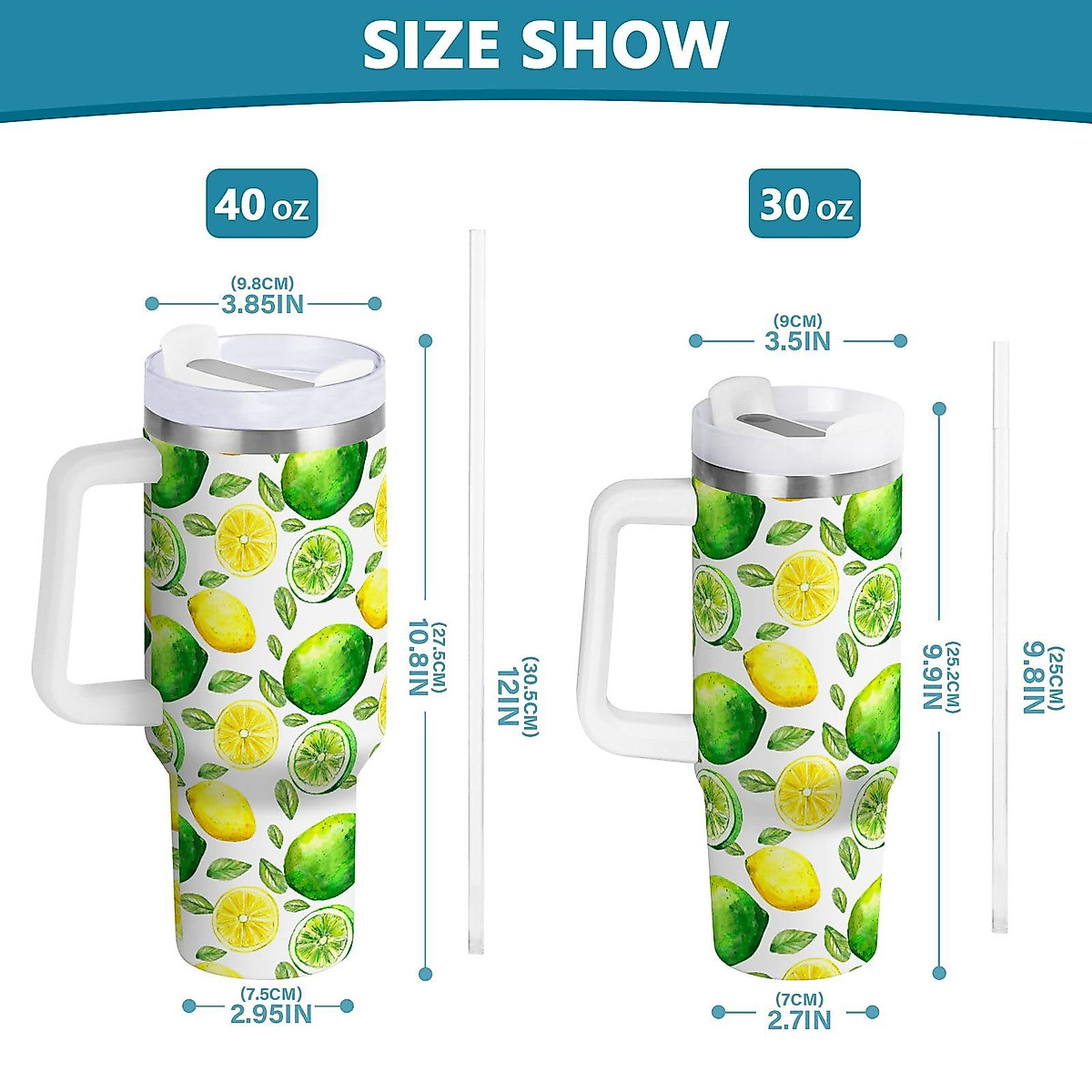 KEEPREAL 40 oz Lime Lemon Tumbler with Handle, Insulated Sports Water Bottle with Lid and Straw, Thermal Stainless Steel Travel Coffee Mug Cup #495