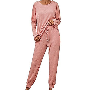 Sruiluo Two Piece Comfy Pjs Sets Crewneck Knitted Long Sleeve Sleepshirt and Drawstring Cinch Bottom Pants Casual Homewear Pink