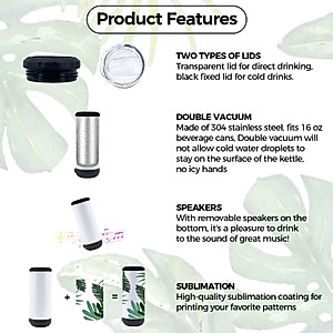 Lilsofee 4 Pack 16oz Sublimation Bluetooth Speaker Blank Tumblers Bulk Stainless Steels Insulated 4 in 1 Can Cooler Beer Holder With Lid and Straw Mix Colors Metal Slim Coozies for Drinks