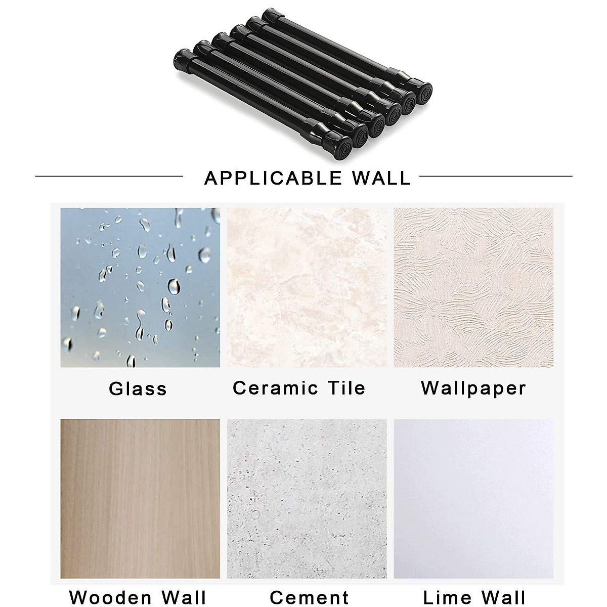 6Pcs Small Tension Rod, Goowin Tension Rod, No Drilling Rustproof Spring Adjustable Mini Tension Curtain Rod for Closet, Cupboard, Wardrobe, Bookshelf, Black (7-11 inch)