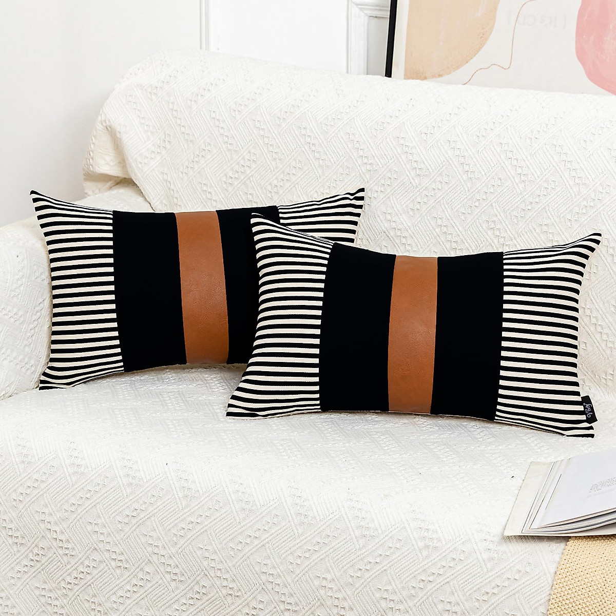Vfuty Brown and Black Decorative Pillow Cover Set of 2, Farmhouse Stripe Pillow Cover 12x20 Modern Faux Leather Accent Pillow Case for Couch Sofa Bed Boho Patchwork Cushion Cover