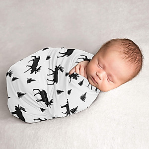 Sweet Jojo Designs Woodland Moose Baby Boy Swaddle Blanket Jersey Stretch Knit for Newborn or Infant Receiving Security - Black and White Forest Animal Rustic Patch