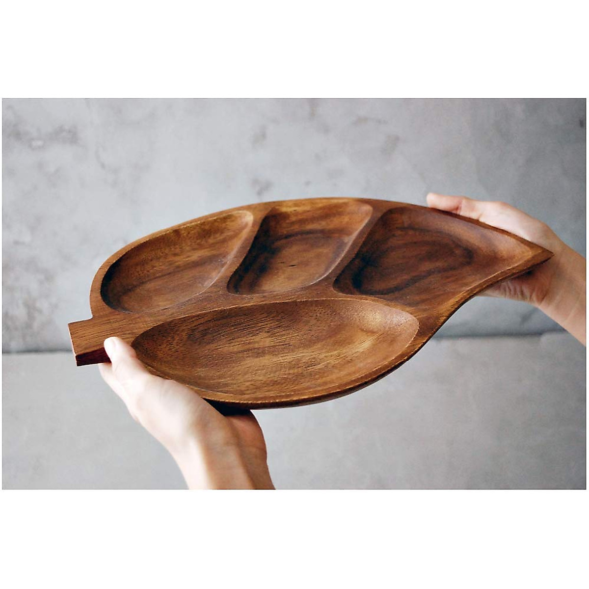 Acacia Premium Leaf Shaped Wooden 4-Compartment Divided Wood Accent-Plates Divided Dessert Dish Serving Trays Platters 4 Section