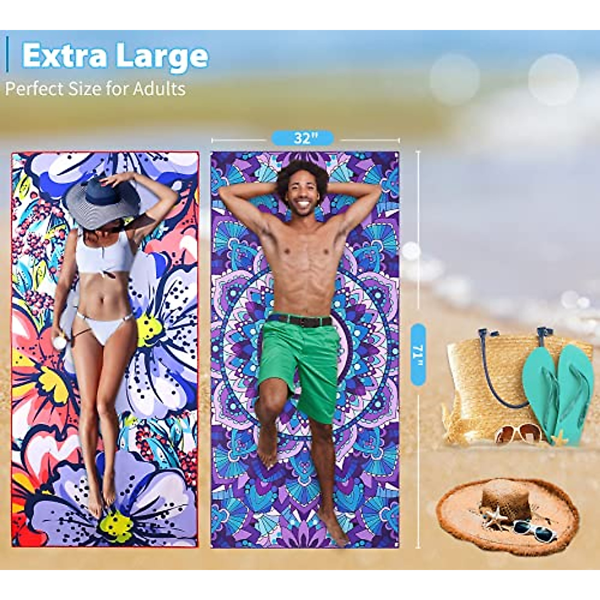 2 Pack Microfiber Oversized Lightweight Beach Towel 71"x32" XL Extra Large Thin Sand Free Towels Travel Swim Pool Yoga Gym Camping for Adults Women Men Beach Essentials Accessories Vacation Gift