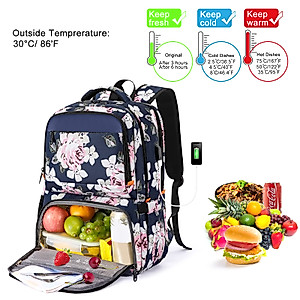 Lunch Backpack, Insulated Cooler Backpack for Women Laptop Backpack with USB Port, 15.6 Inch Laptop Bookbag Waterproof Backpack Food Bag for Work Beach Camping Picnics Hiking Travel Blue Flower