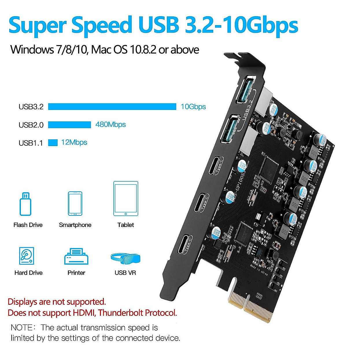 PCIe to USB 3.2/USB 3.1 Gen 2 Card 10Gbps 5-Port (3X USB C -2X USB A) PCI Express Expansion Card PC Internal USB Hub for Windows 10/8/7 Linux and MAC OS 10.8.2 Above
