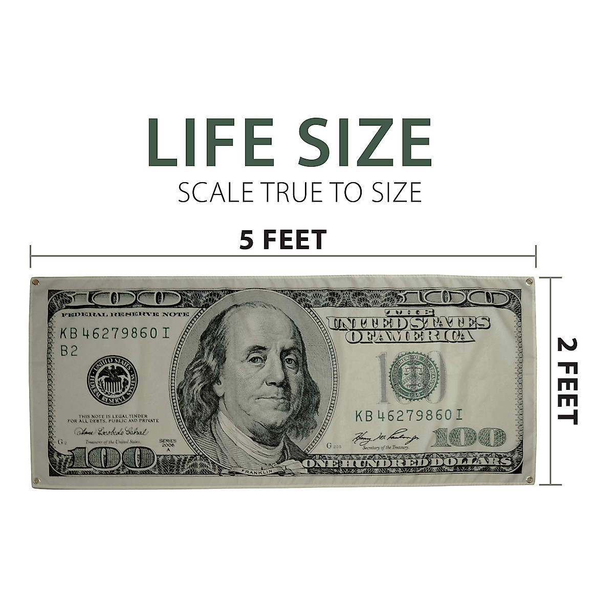 Motivational 100 Dollar Bill Large Life Size Money Flag Backdrop -Man Cave Wall Decorations Benjamin Franklin Dorm Bedroom Accessories - Frat House Living Room Flag 2X5 Cool Flag for Guys Home Office