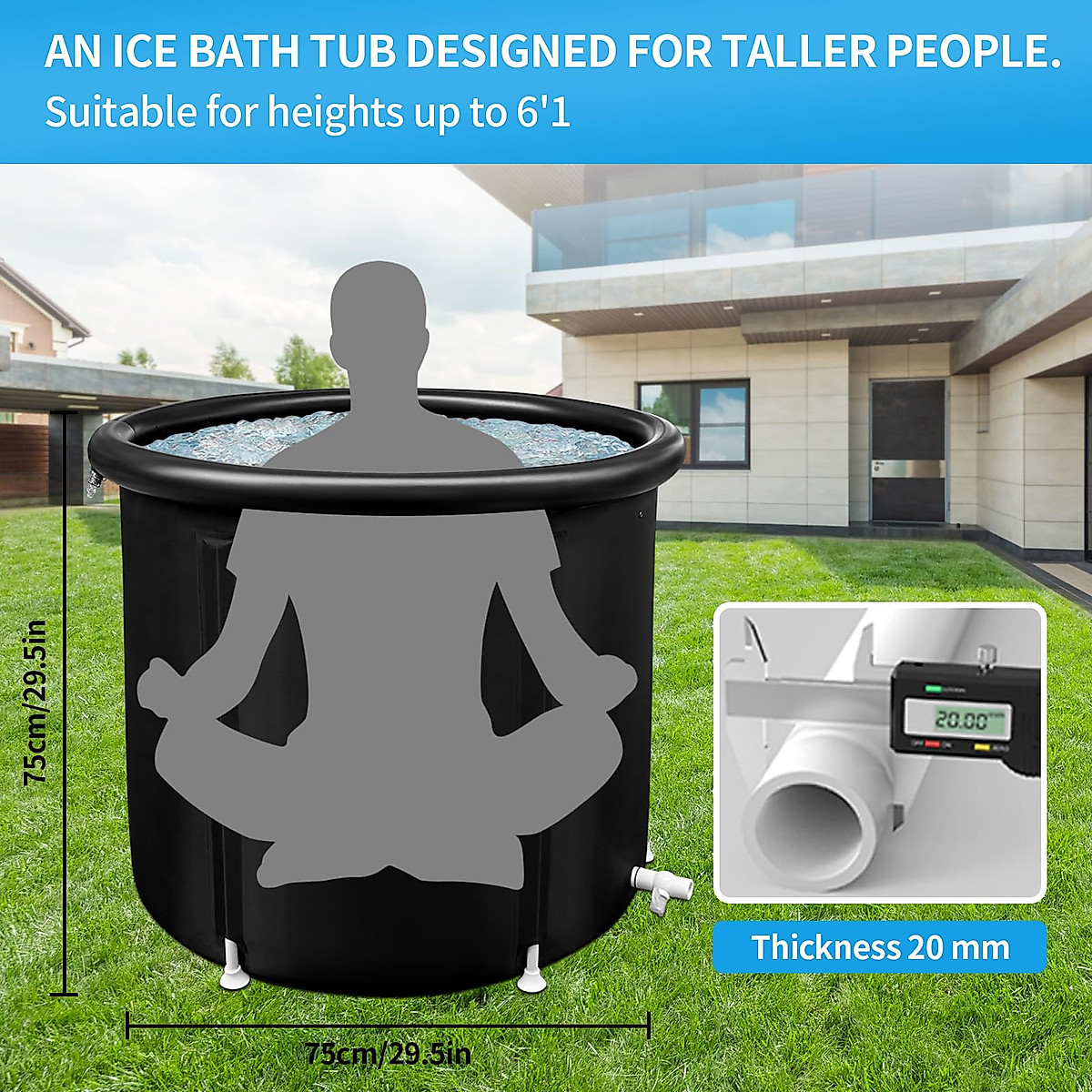 SHUIMEIYAN Large Ice Bath Tub Outdoor with Cover Portable Bathtub Athletes Cold Water Therapy Tub for Recovery Cold Plunge Tub Ice Barrel Ice Bath Tub (8217 black with cover-29.5"Φ x 29.5"H)