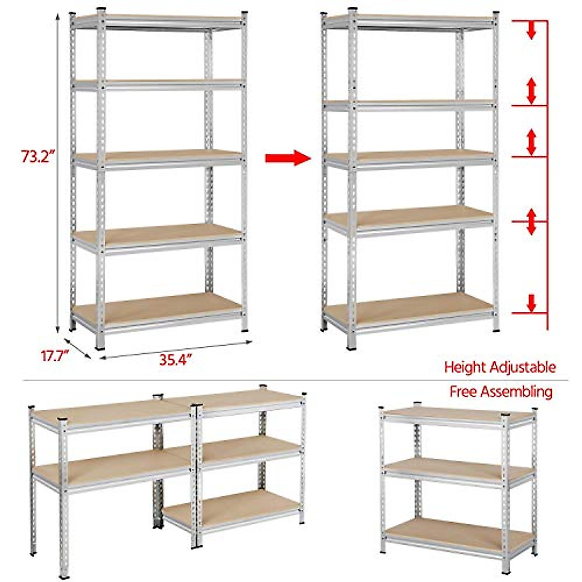 Topeakmart 5-Shelf Adjustable Storage Shelves Heavy Duty, Garage Shelving Units and Storage, 36" W x 18" D x 73" H