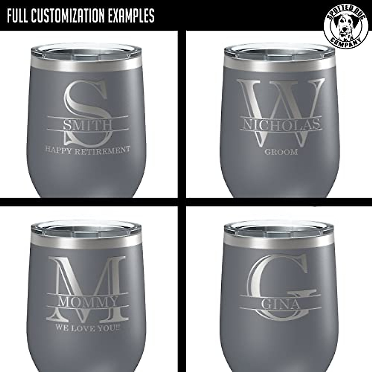 Personalized 12oz (17 Colors) Powder Coated Stainless Steel Stemless Wine Tumbler with Lid, Custom Etched, Customized Gift for Women Her, Wine Lover, Halpert Monogram Initial Name (Gray)