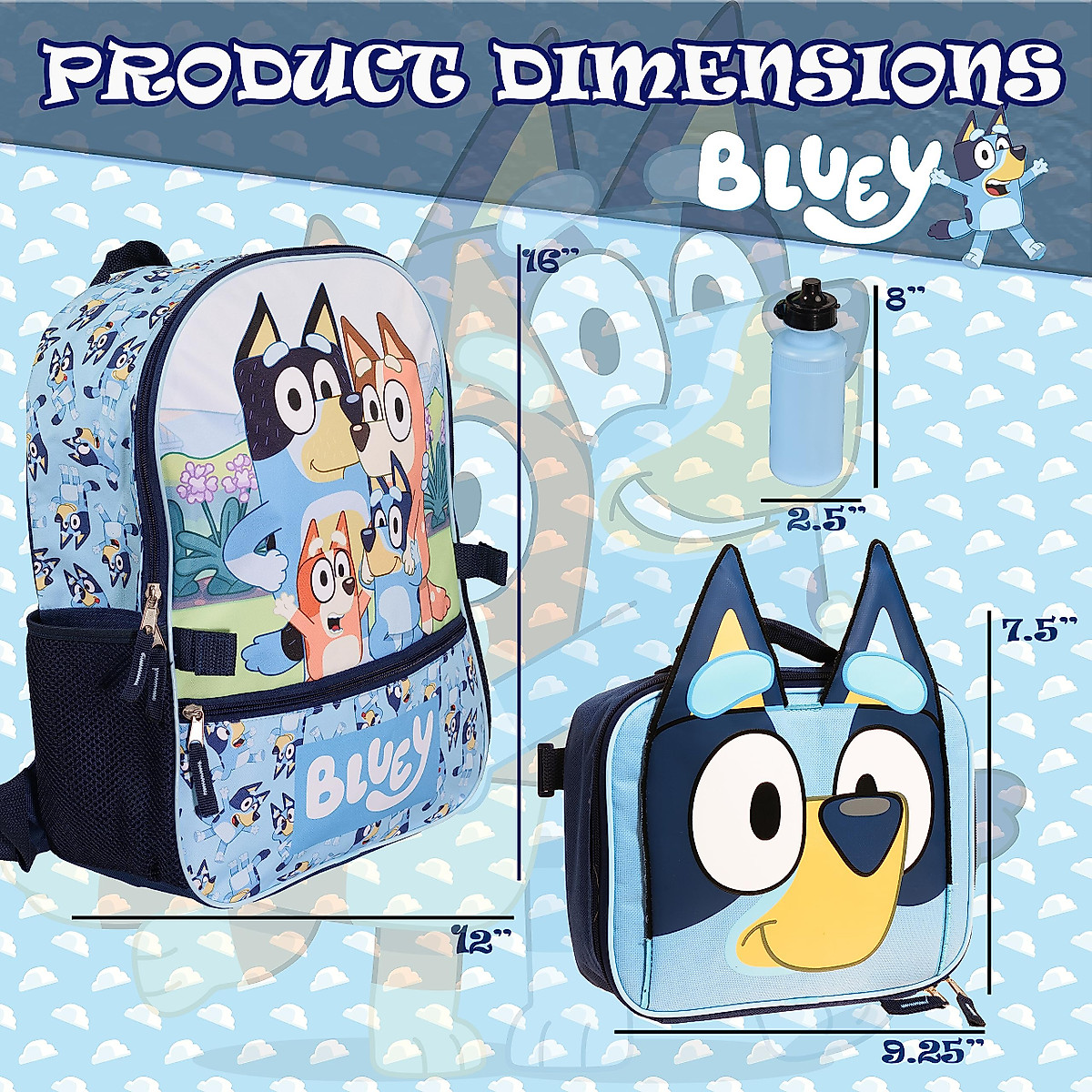 Bluey Girls & Boys Toddler 4 Piece Backpack Set for Kindergarten , School Bag with Front Zip Pocket, Mesh Side Pockets, Insulated Lunch Box, Water Bottle, and Squish Ball Dangle