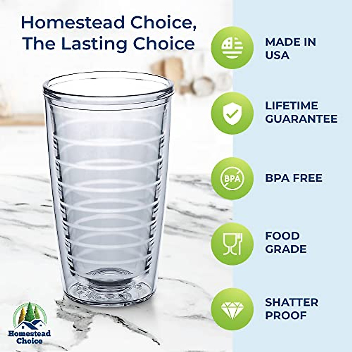 Insulated Drinking Glasses 16oz 4-pack - Made in USA Great for Iced Coffee & Hot Drinks, Clear Double Wall Plastic Tumbler Cups, Microwave, Freezer & Top Rack Dishwasher Safe Reusable Cups